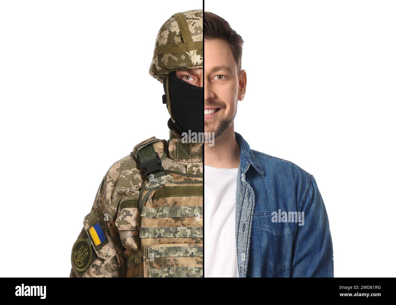 Military and civil man isolated on white, collage dividing portrait ...