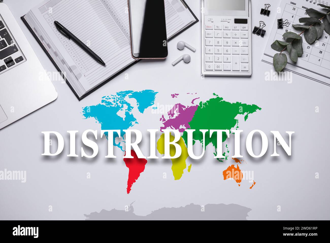 Distribution. Laptop, smartphone and stationery on white background ...