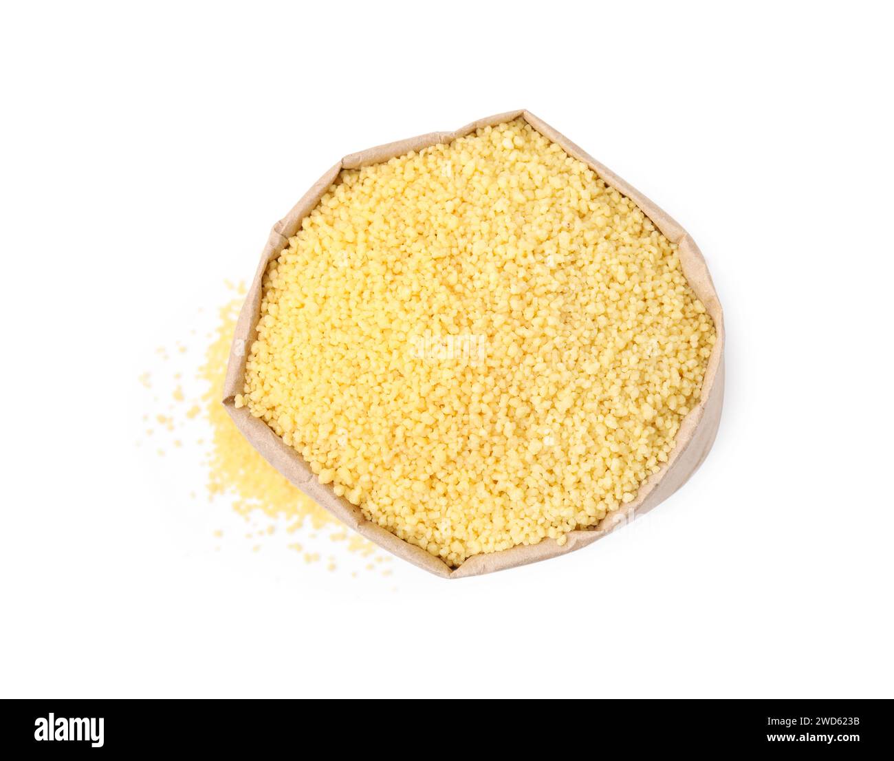 Raw couscous in paper bag isolated on white, top view Stock Photo - Alamy