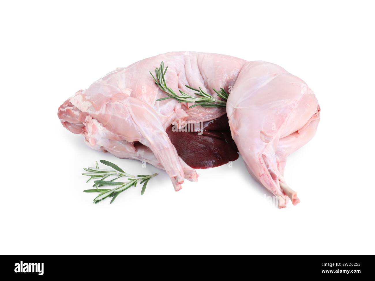 Whole raw rabbit, liver and rosemary isolated on white Stock Photo - Alamy