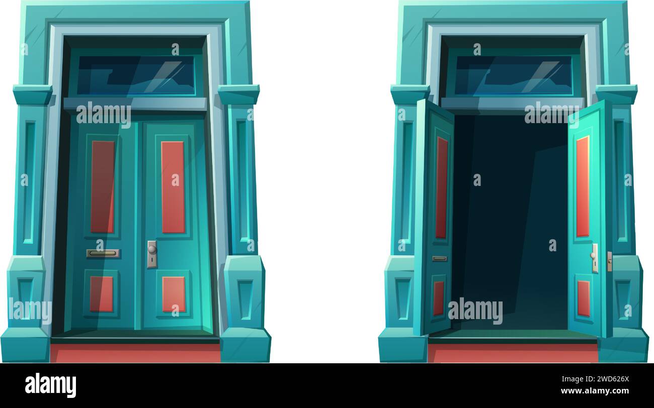 cartoon style icon illustration. Open and closed mansion door entry ...