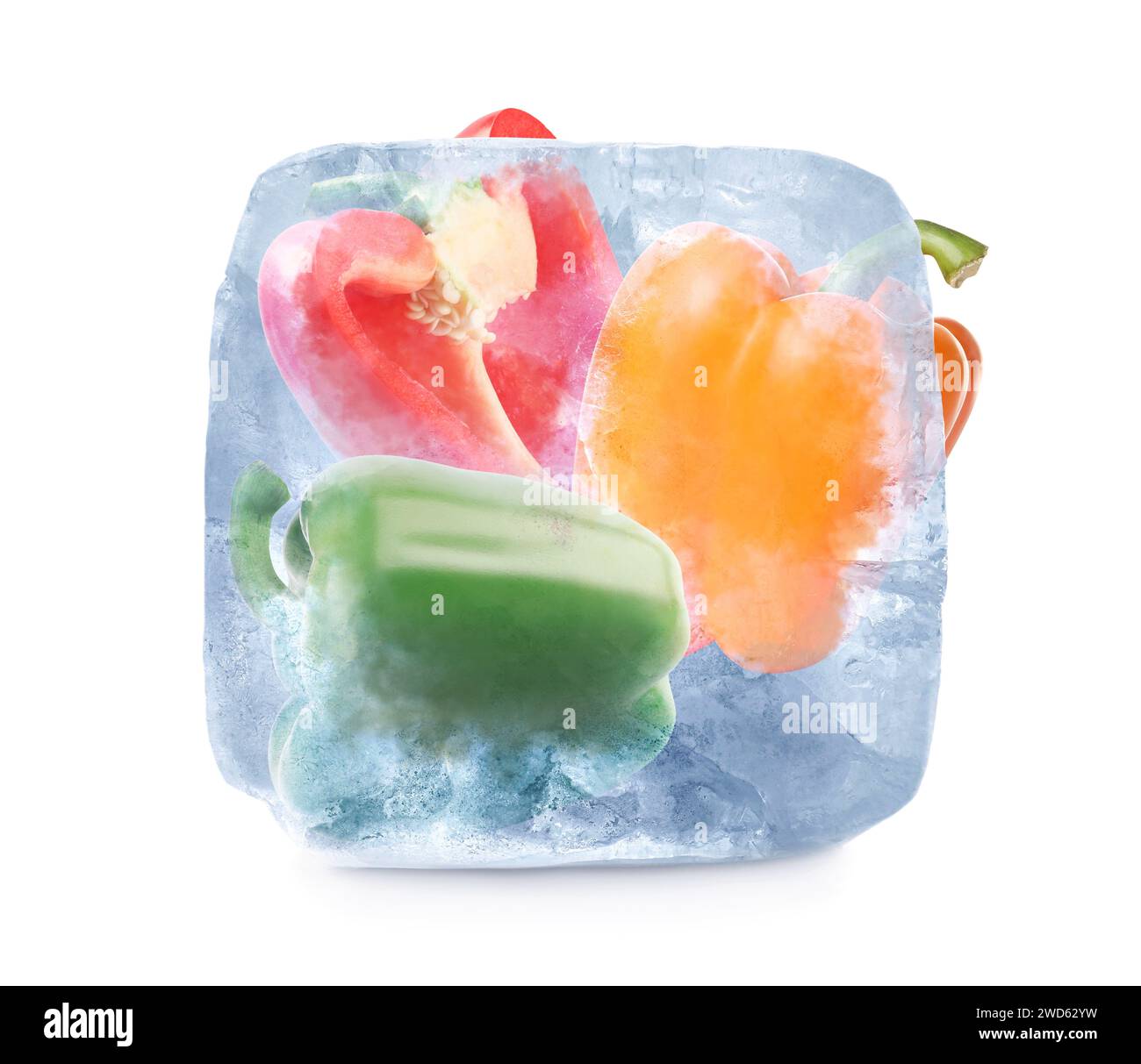 Frozen food. Raw bell peppers in ice cube isolated on white Stock Photo ...