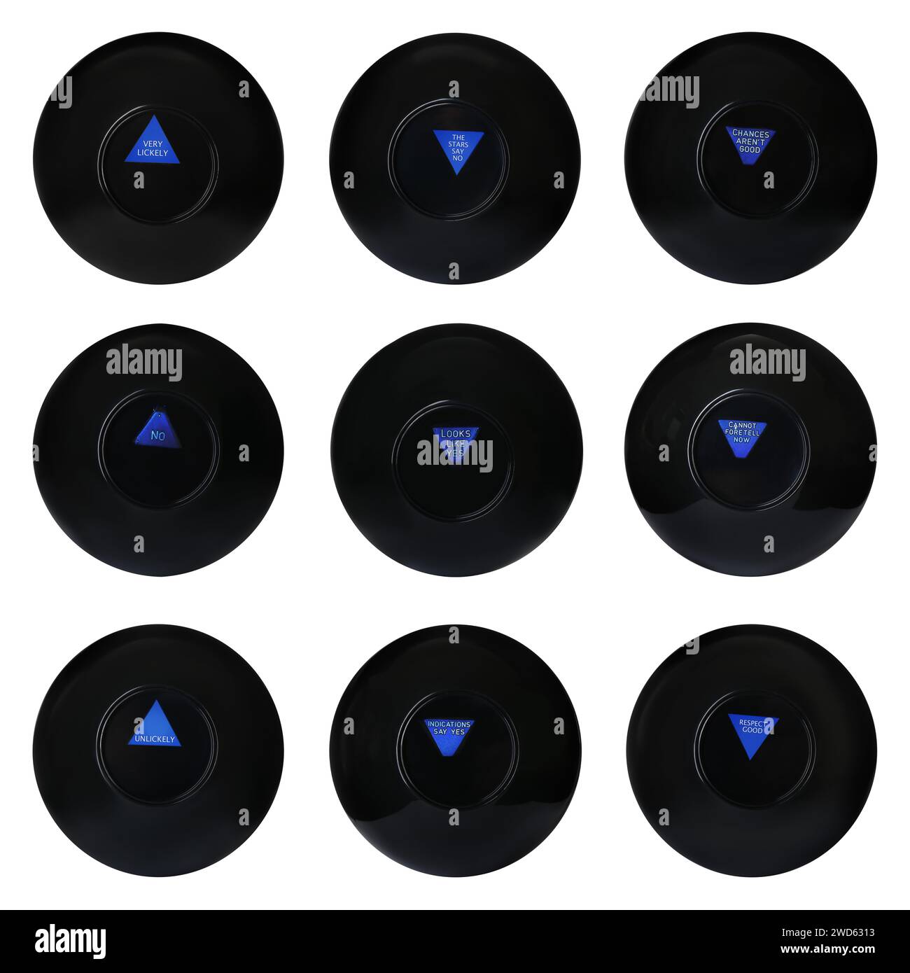 Magic eight ball with different predictions isolated on white ...