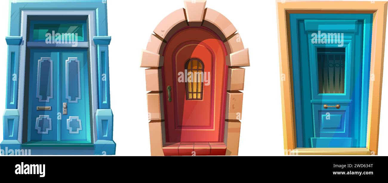 cartoon style illustration. Wooden front doors in blue, red, stone arch ...