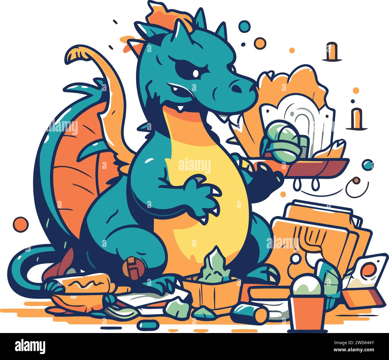 Vector illustration of a dragon eating a lot of food. Isolated on white ...