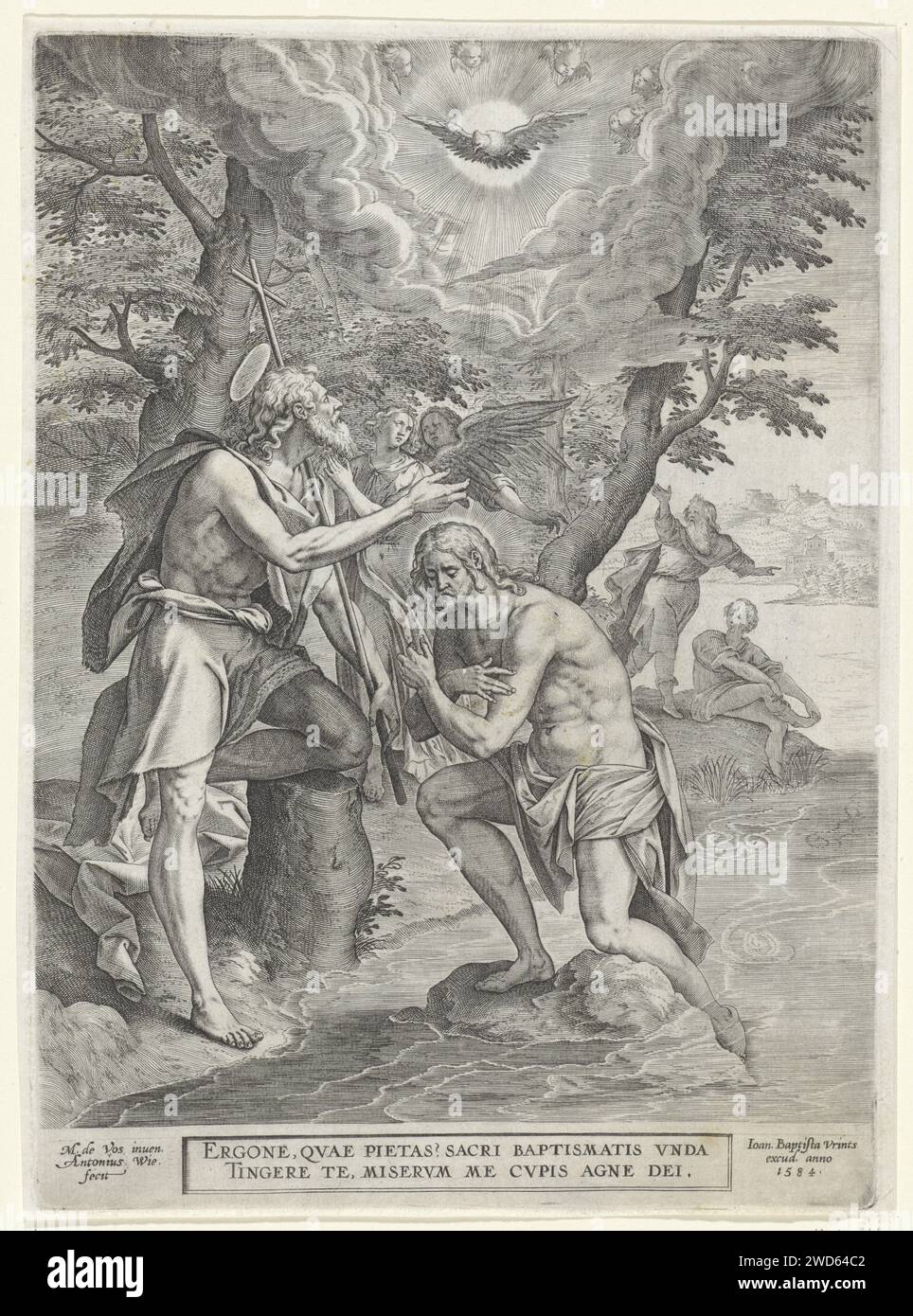 Baptism of Christ, Antonie Wierix (II), After Maerten de Vos, 1584 print Christ is baptized by ...