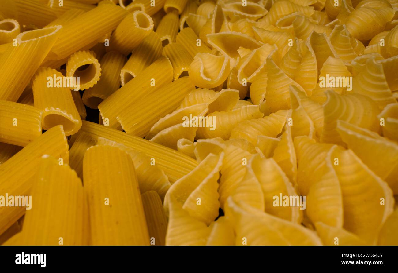 Different types and shapes of dry Italian pasta. Pasta background Stock ...