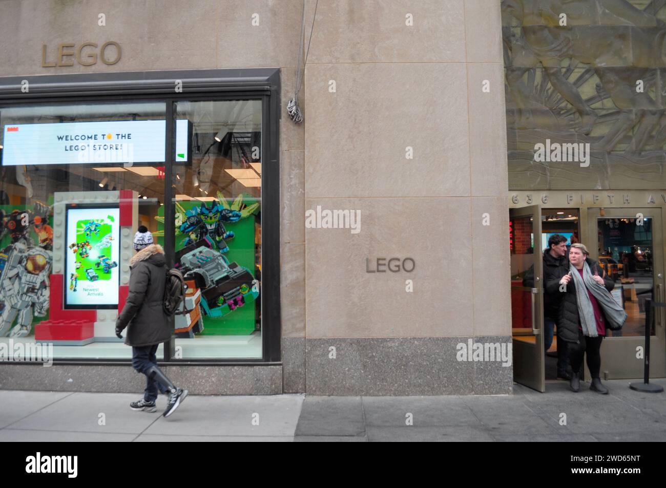 New York, United States. 18th Jan, 2024. Customers exit the Lego Store ...