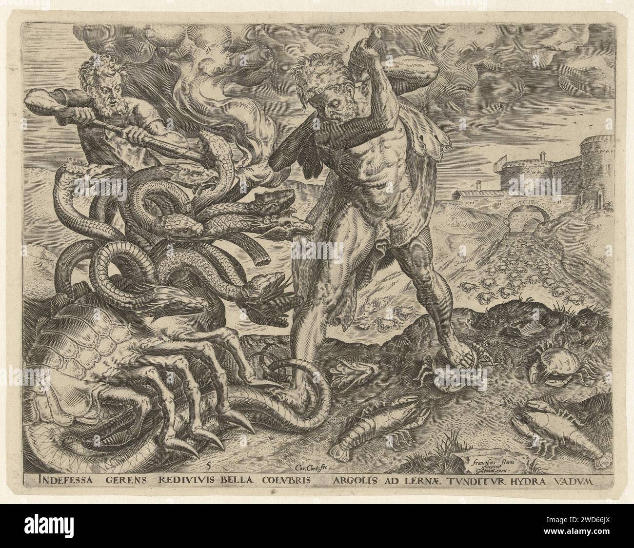 Hercules overcomes the Hydra van Lerna, Cornelis Cort, after Frans ...