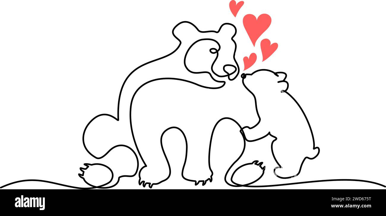 Continuous one line drawing. Bear with baby cub. Vector illustration ...
