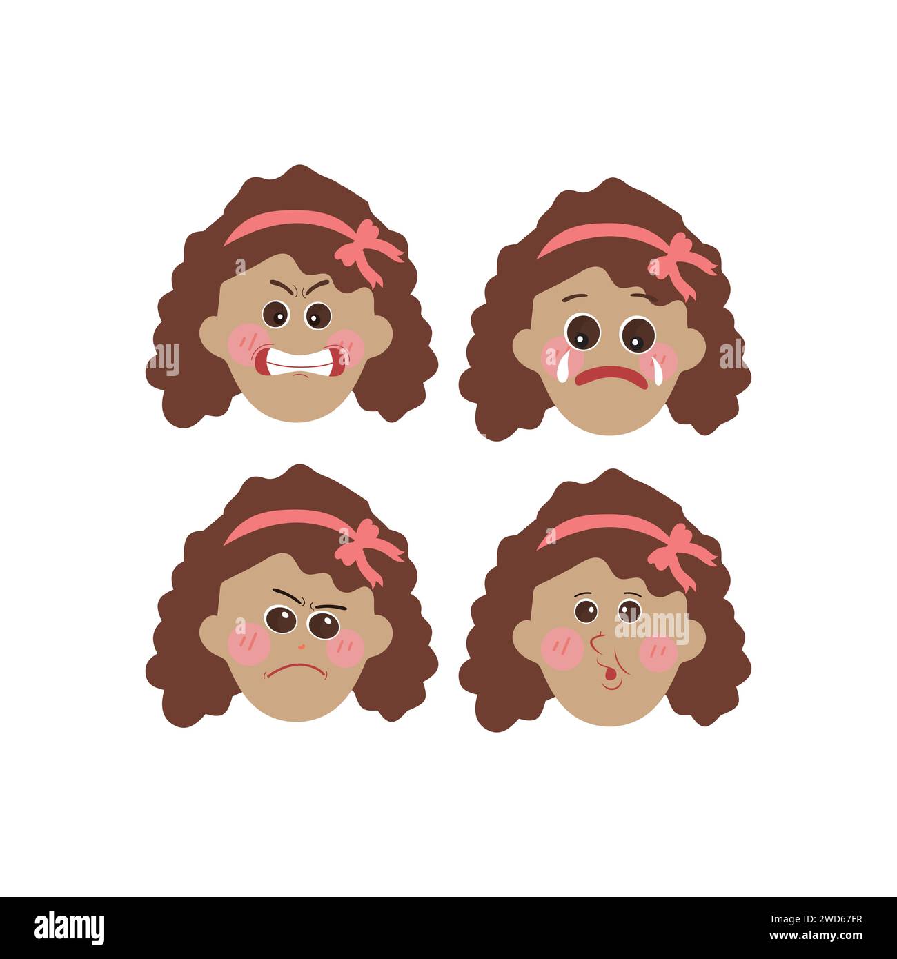 Little girl face expression, set of cartoon vector illustrations ...