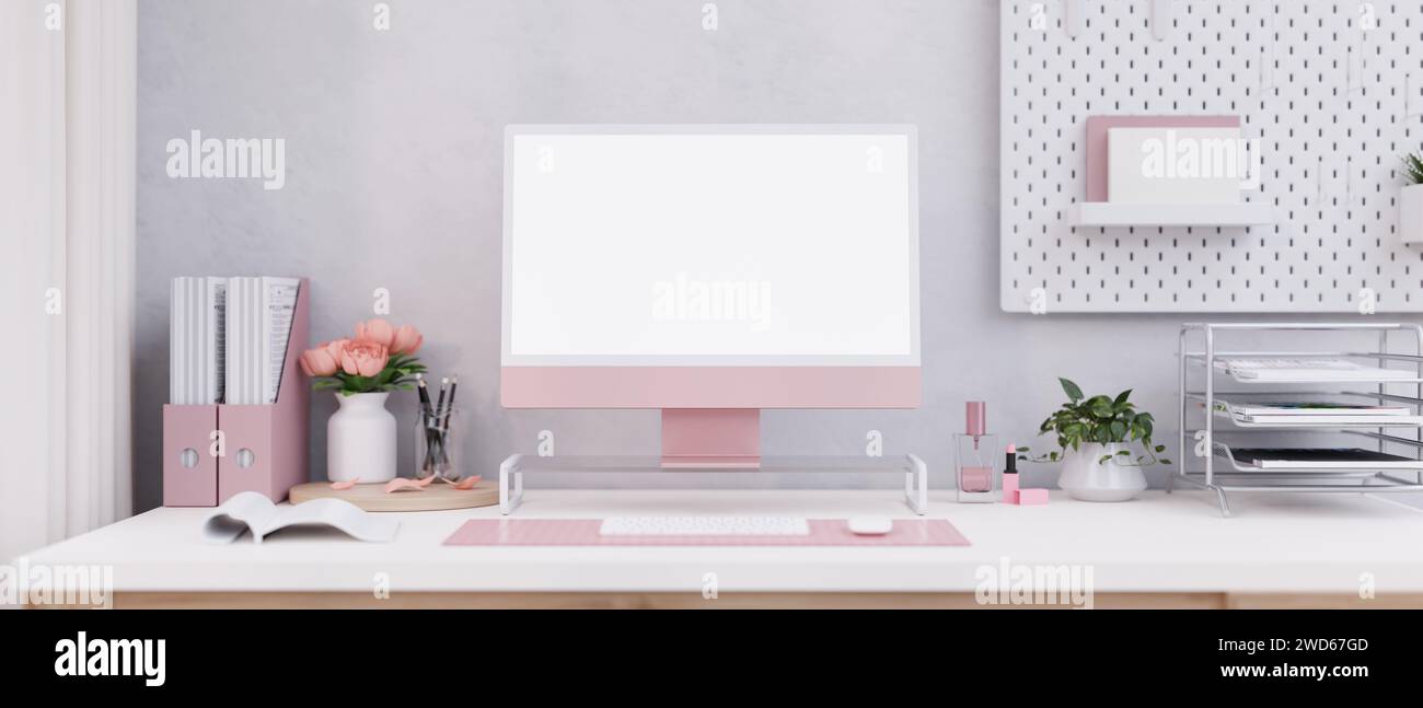 Front view of a beautiful pink female office desk with a modern pink ...