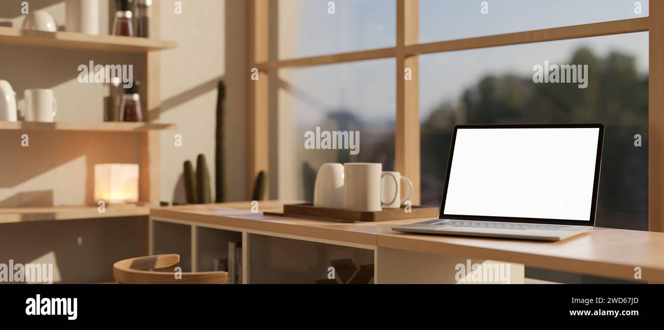 A white-screen laptop computer mockup on a kitchen countertop against ...