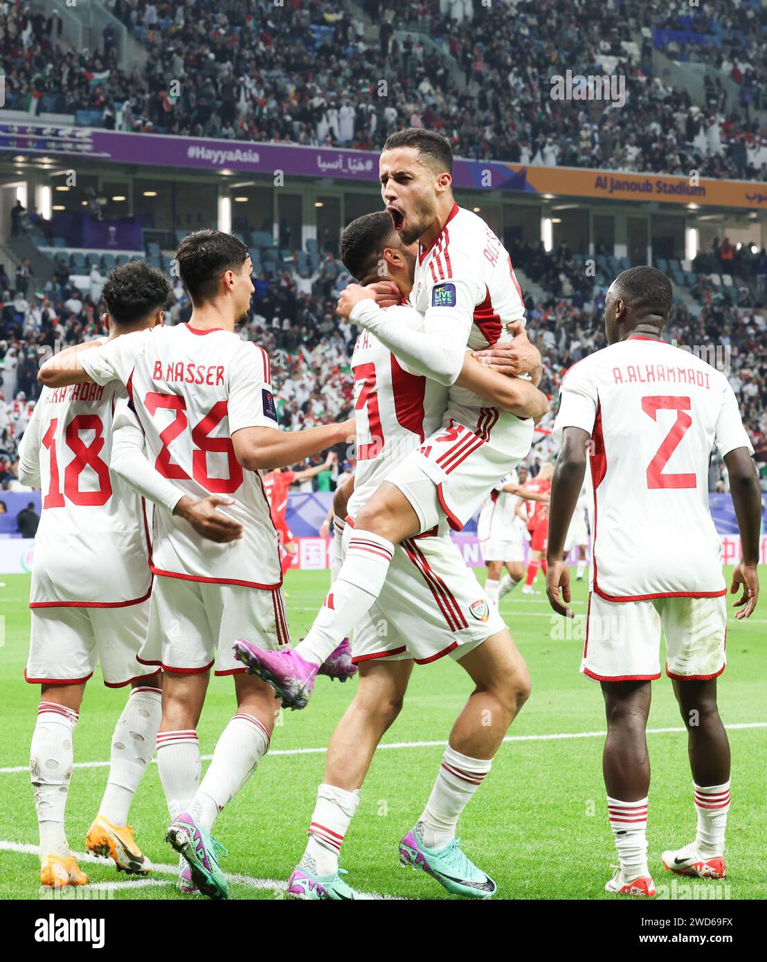 Doha, Qatar. 18th Jan, 2024. Players of United Arab Emirates celebrate ...