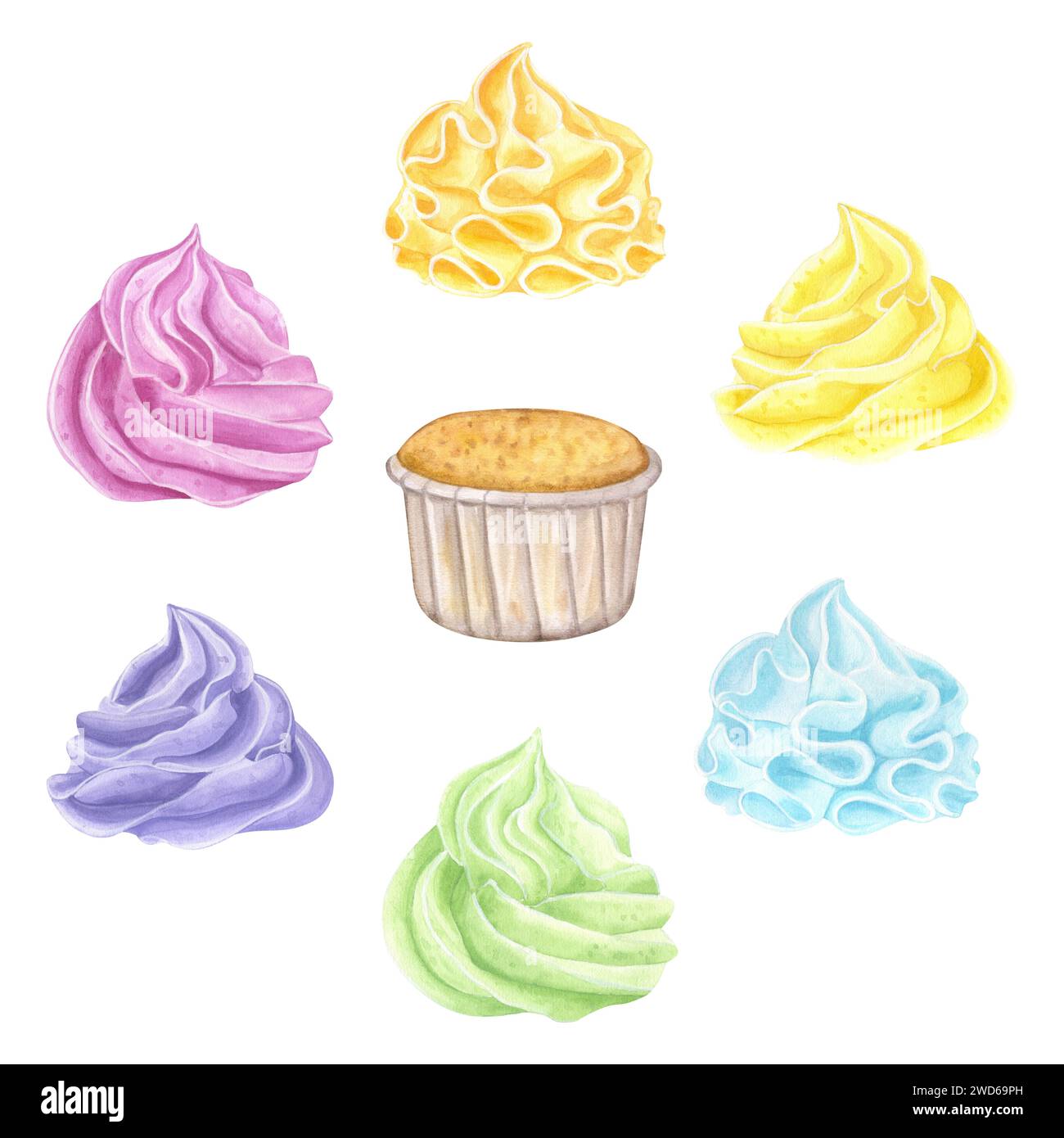 Rainbow sweet muffins. Banner set multicolored cupcakes. Sweet whipped ...