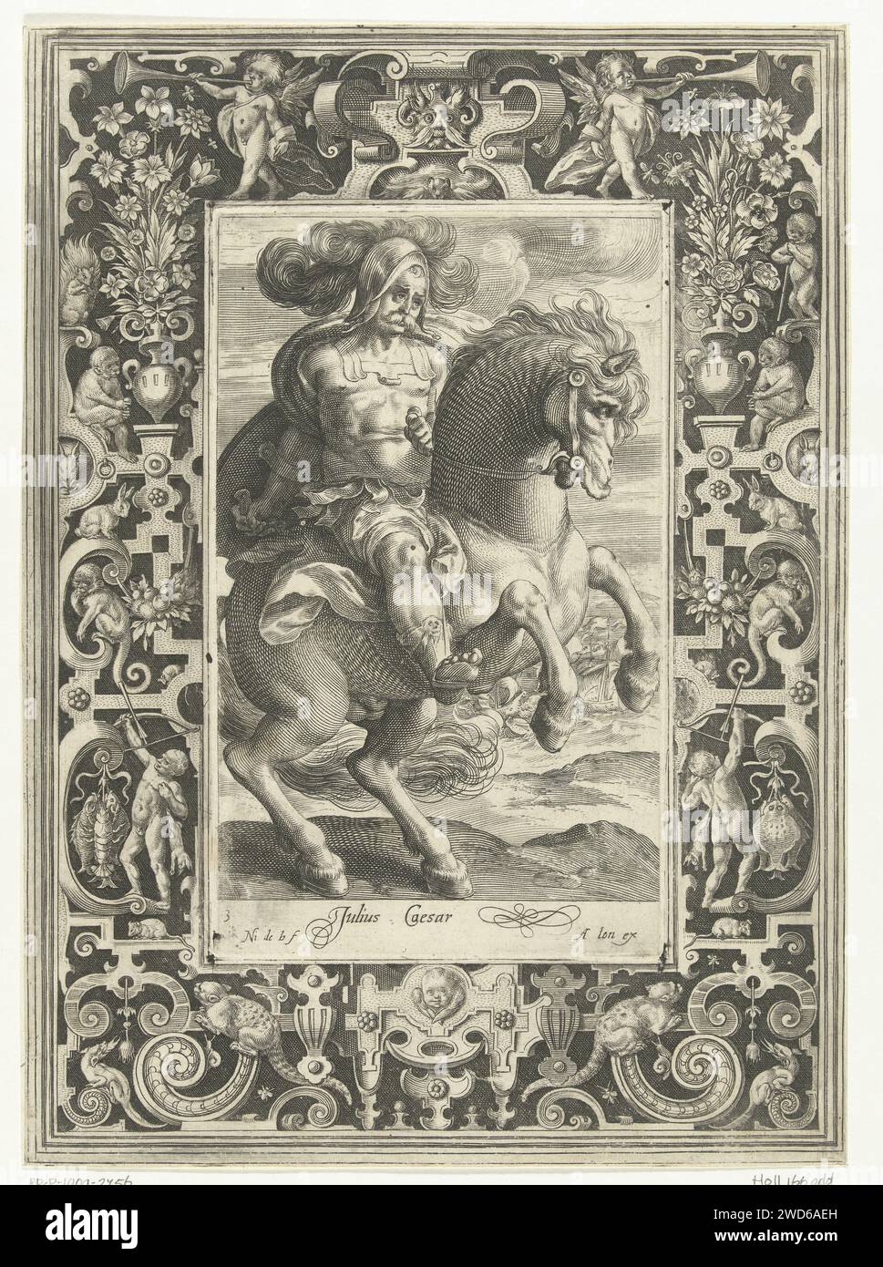 Julius Caesar on horseback in frame with ornaments, Nicolaes de Bruyn ...
