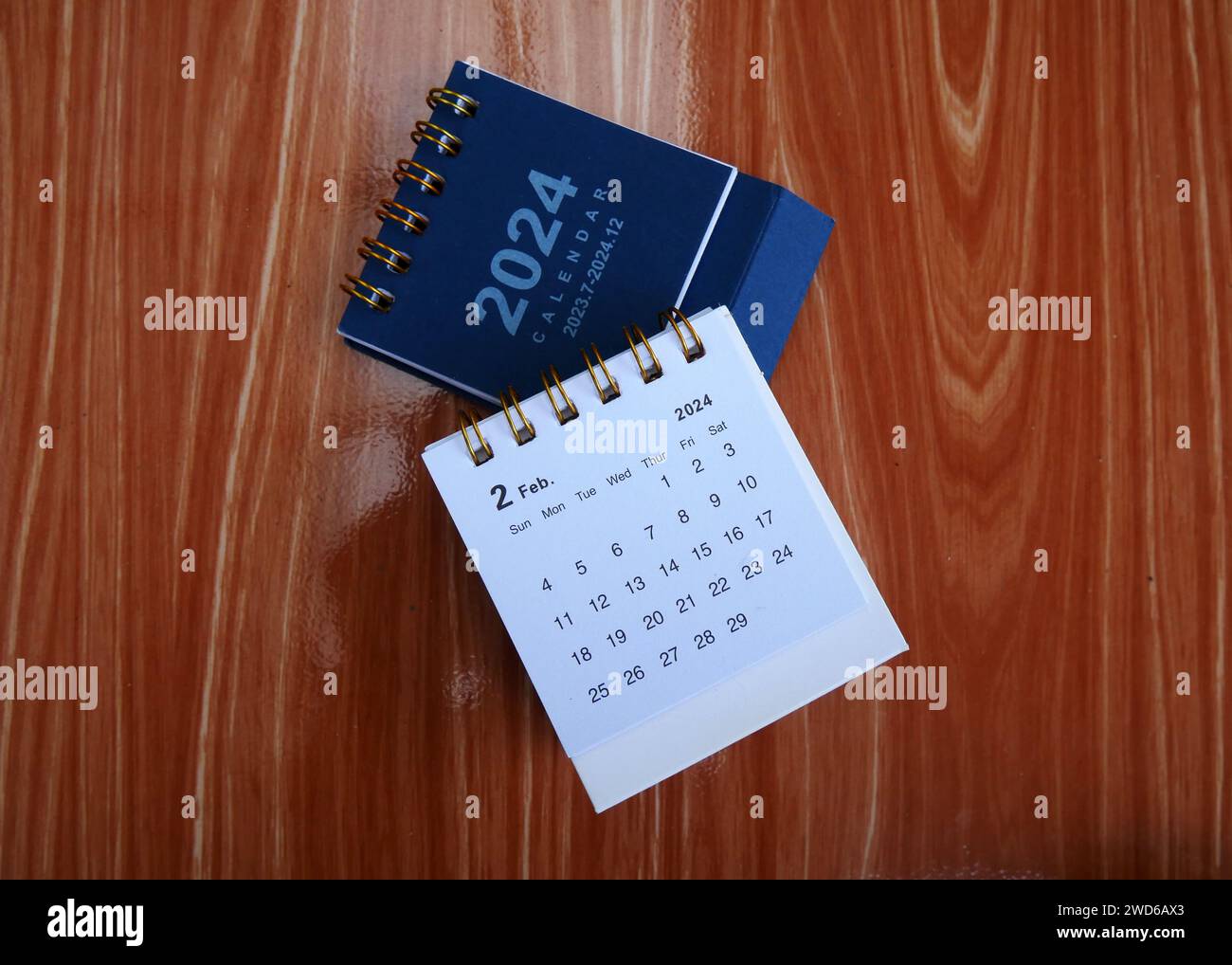 February 2024. Desk calendar for February 2024 on the marble table ...