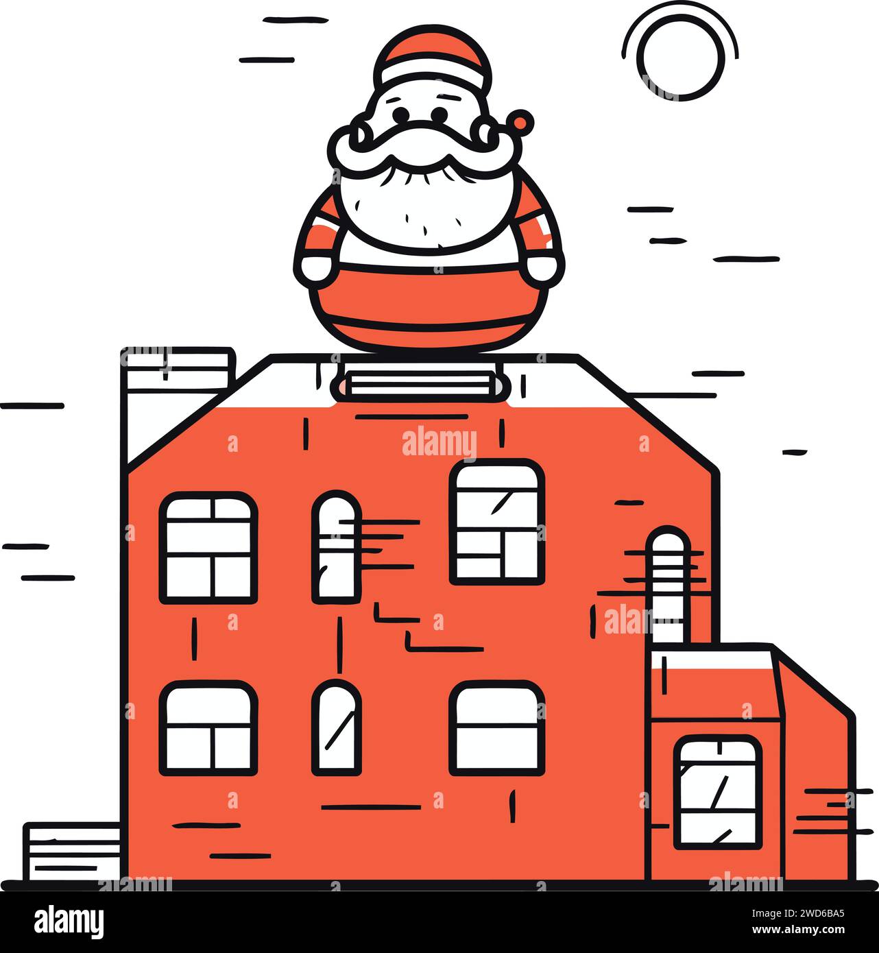 Santa Claus on the roof of the house. Vector illustration in linear ...