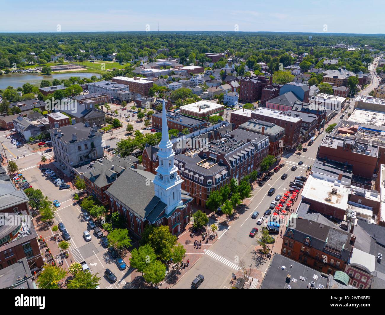 Portsmouth historic downtown aerial view at Market Square with historic ...