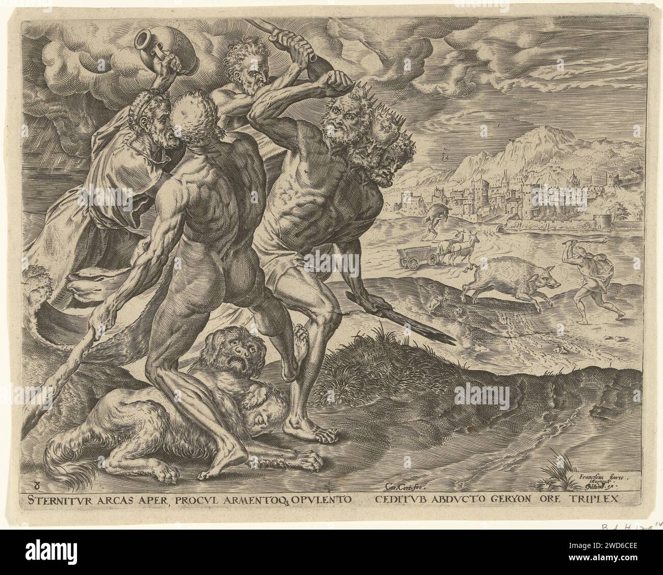 Hercules kills Geryon and his dog, Cornelis Cort, after Frans Floris (I ...