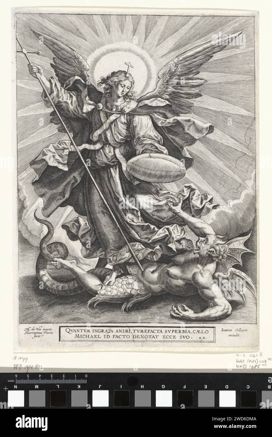 Michaël beats the dragon, Hieronymus Wierix, After Maerten de Vos, 1585 ...