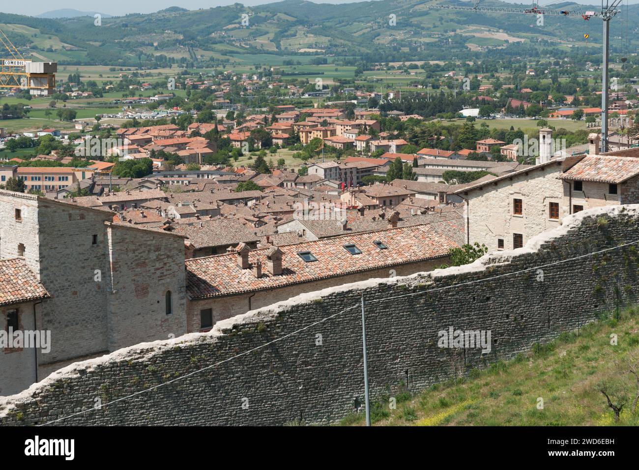 Rooftops showing closeness of homes and landscape of old Italian walled ...