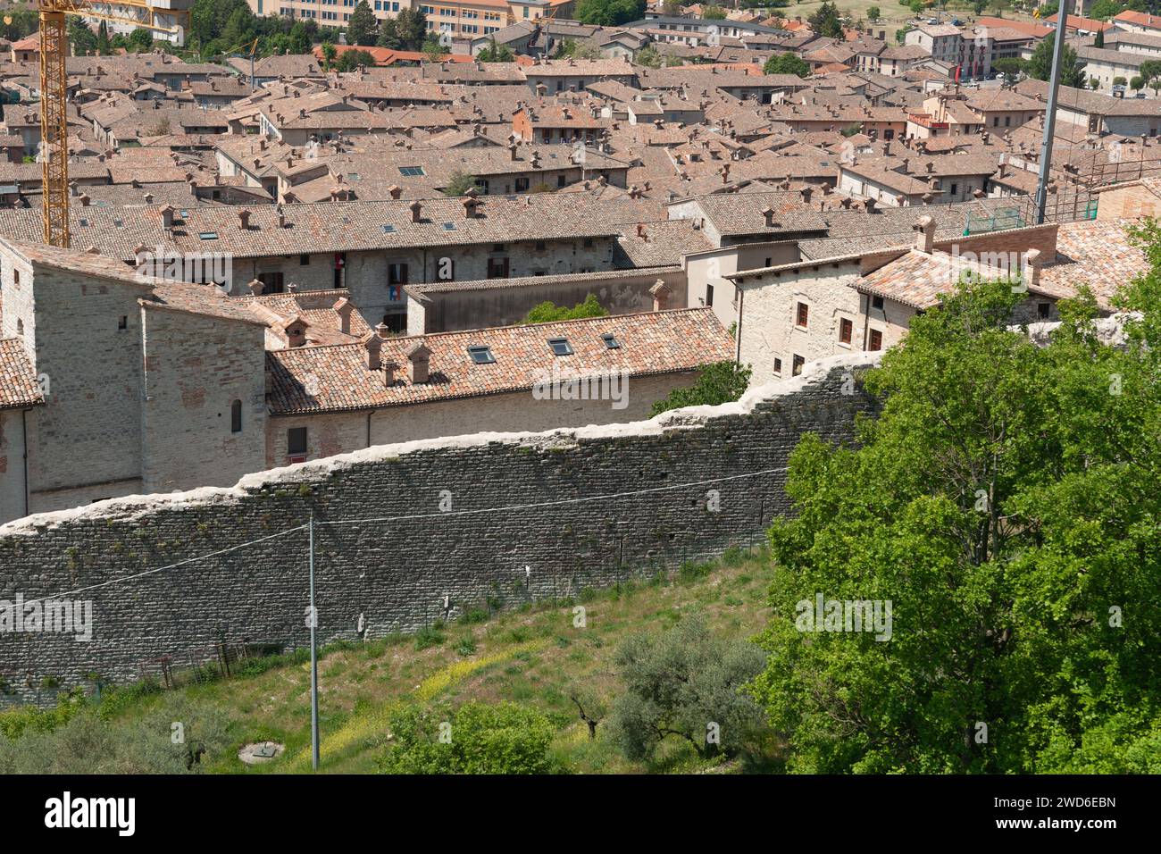 Rooftops showing closeness of homes and landscape of old Italian walled ...