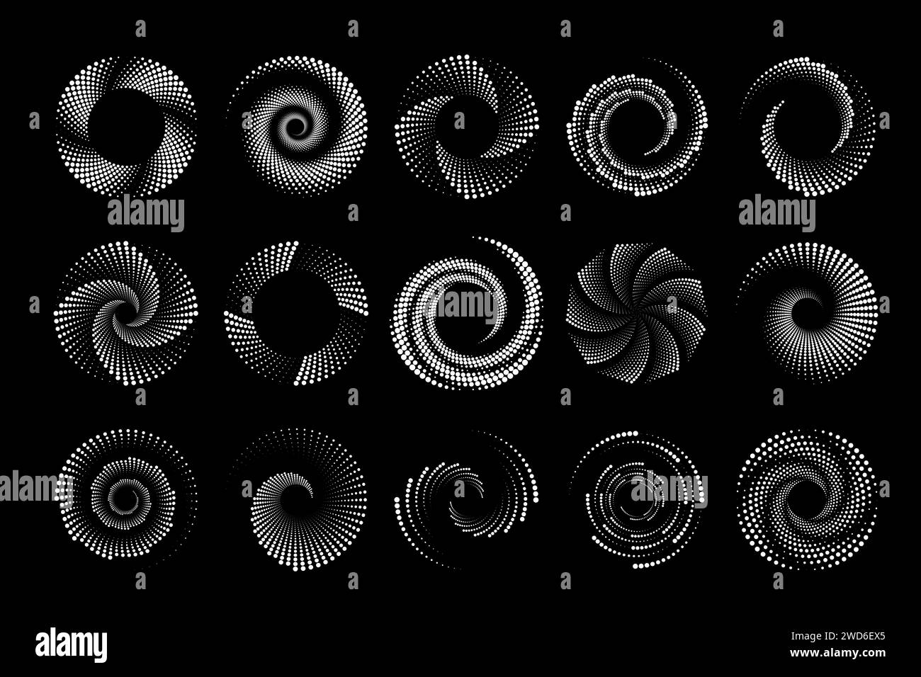 Swirl dotted halftone icons. Vortex digital futuristic logos set ...