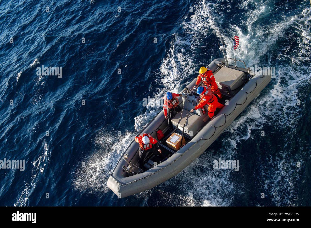 At Sea. 14th Jan, 2024. Sailors assigned to U.S. 7th Fleet flagship USS ...