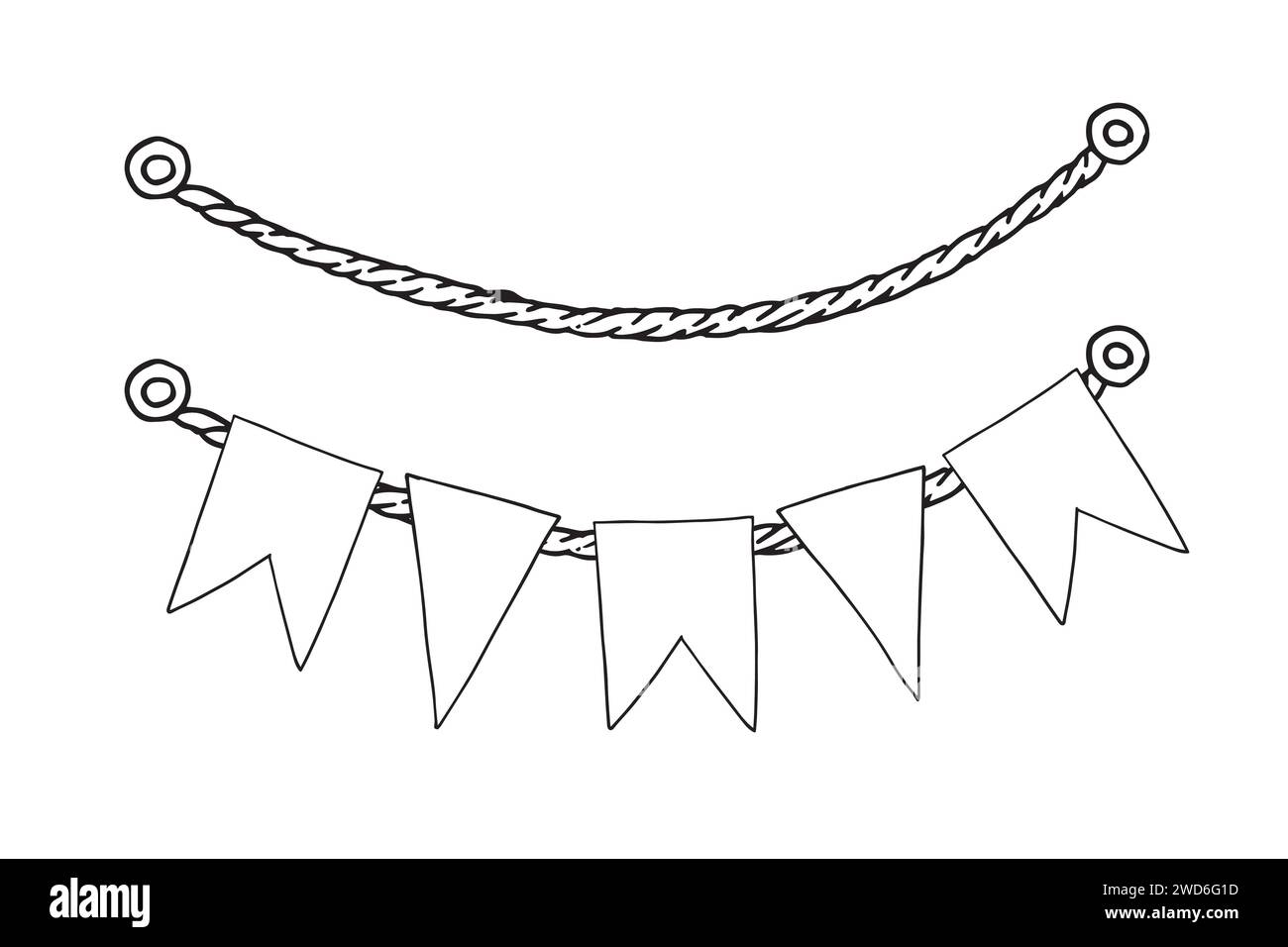 Hand-drawn different bunting flags to a rope. Doodle decorate area with garland of flags. Vector ...
