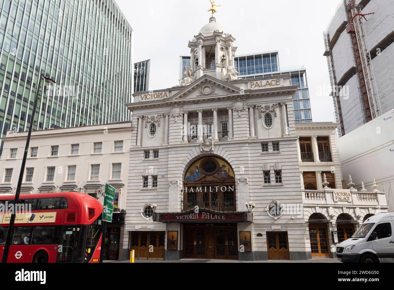 Exterior of Victoria Palace Theatre, London, on top of which stands a statue of Anna Pavlova ...