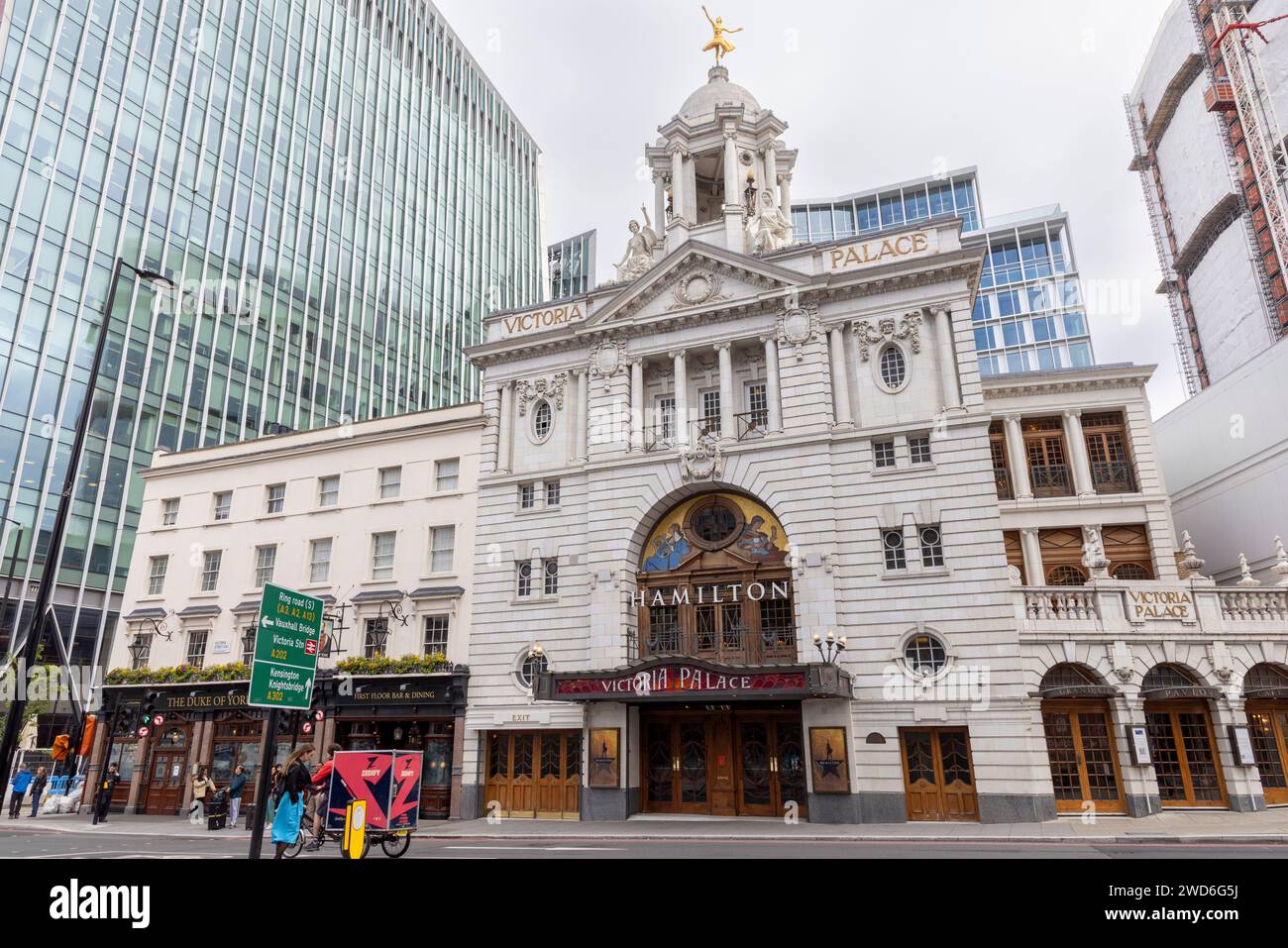 Exterior of Victoria Palace Theatre, London, on top of which stands a statue of Anna Pavlova ...