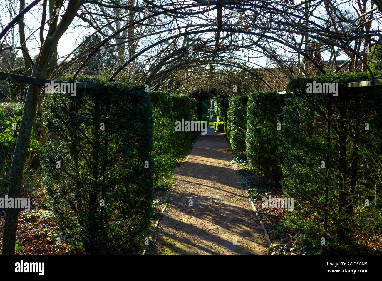 An inviting pathway leads through a formal garden, under a covered ...