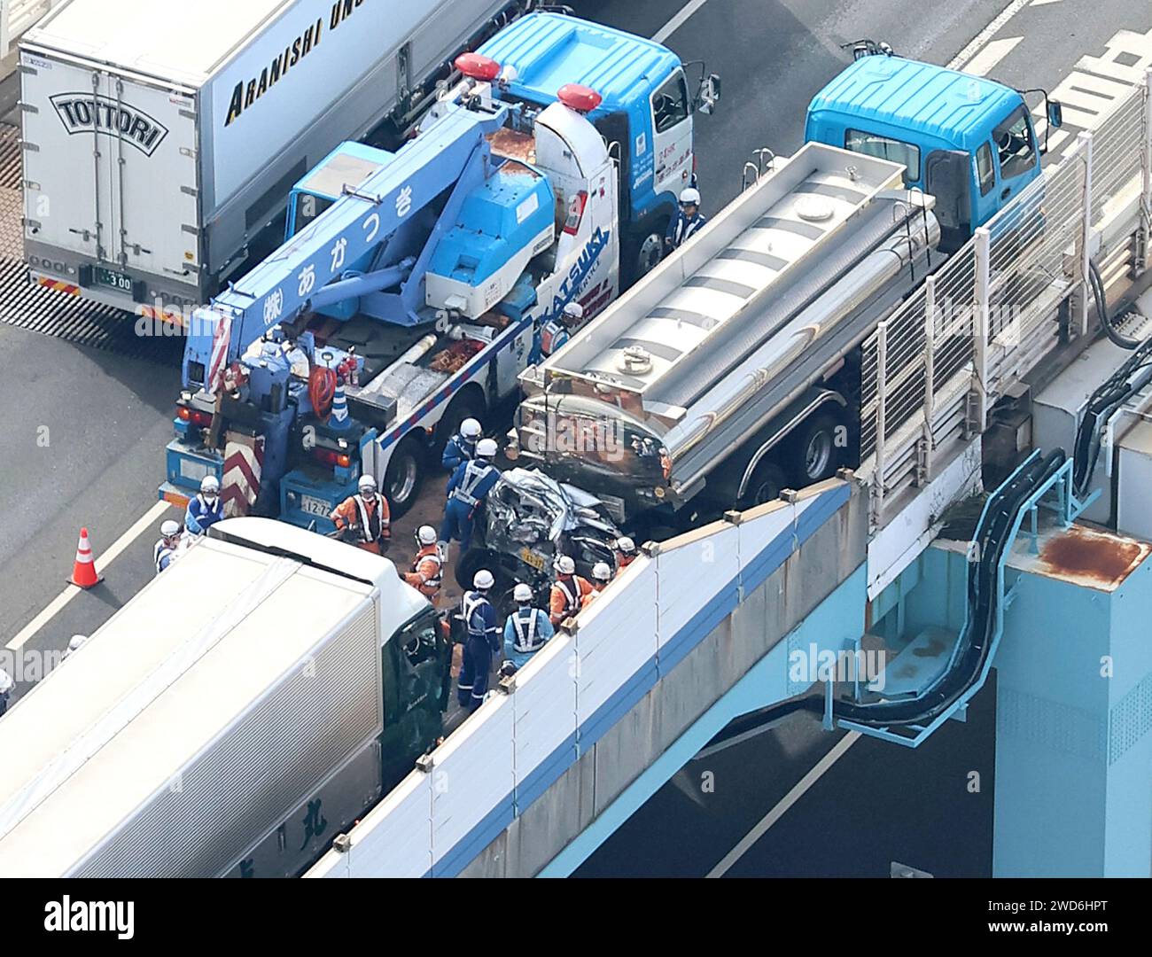 An aerial photo shows the scene of an accident involving four vehicles ...