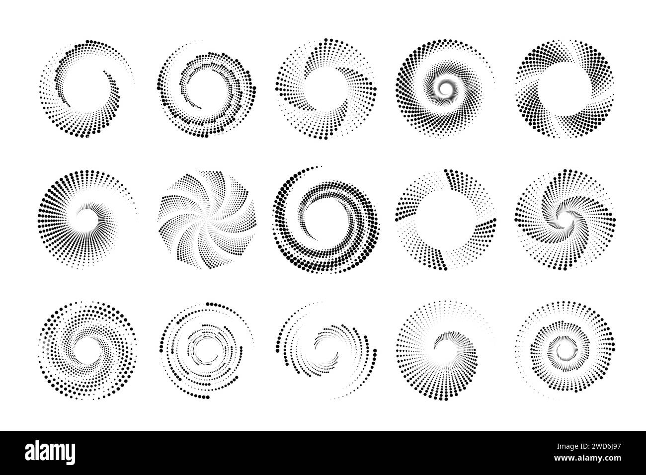 Swirl dotted halftone icons. Vortex digital futuristic logos set ...