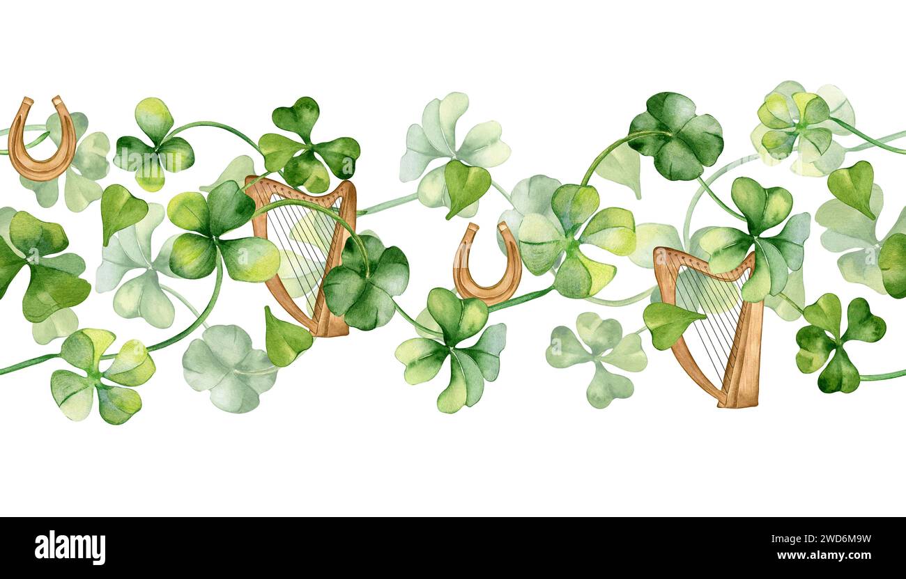 Seamless border with harp and shamrock watercolor illustration isolated ...