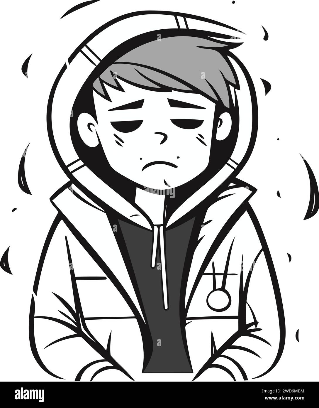Vector illustration of a man in winter jacket suffering from strong ...