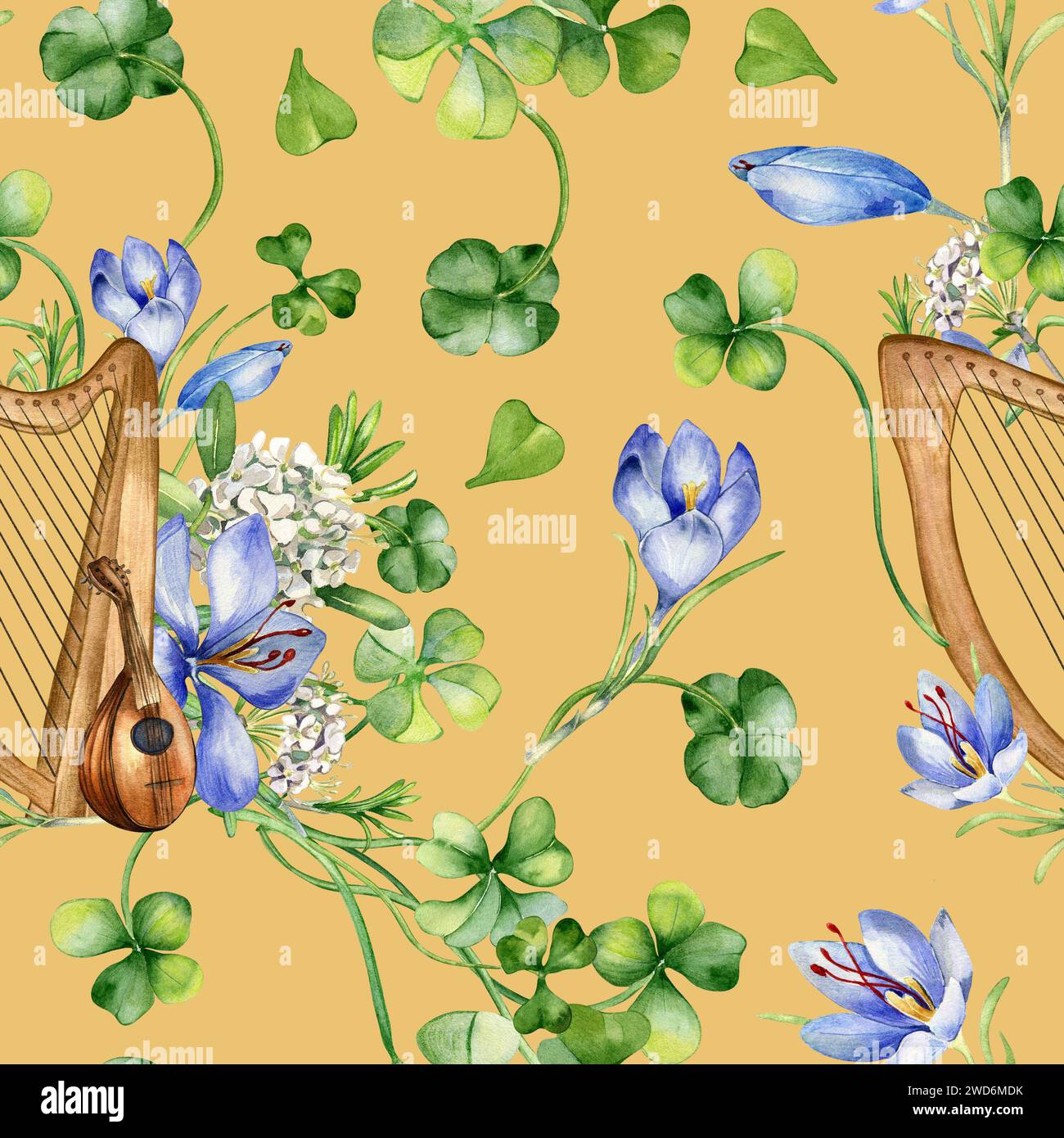 Musical instruments and spring flowers watercolor seamless pattern ...