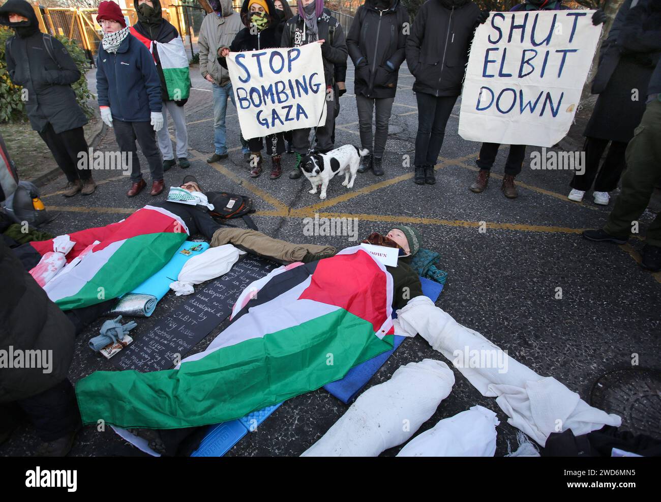 Activists lie down on the freezing ground connected to each other with ...