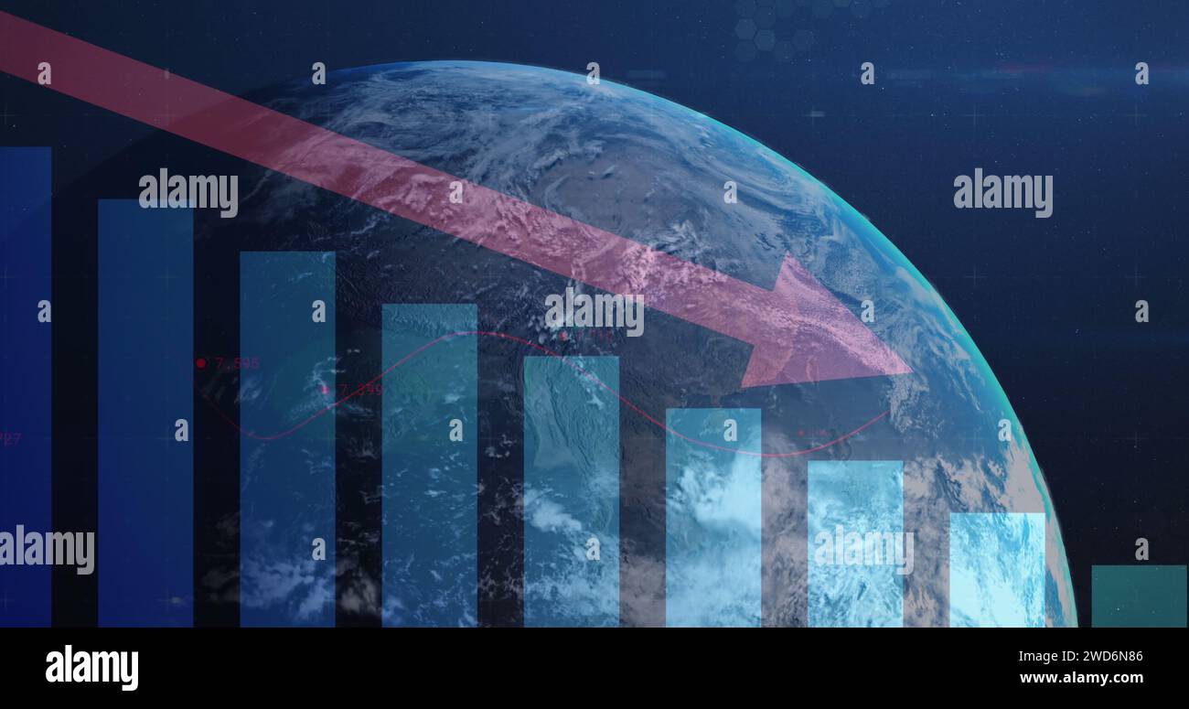 A composite image depicts a global economic downturn through a falling ...