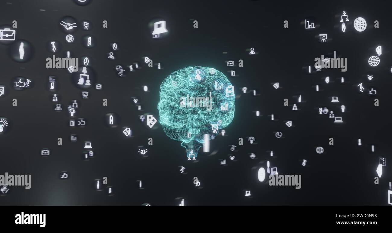Image of glowing blue human brain and connections on black background ...