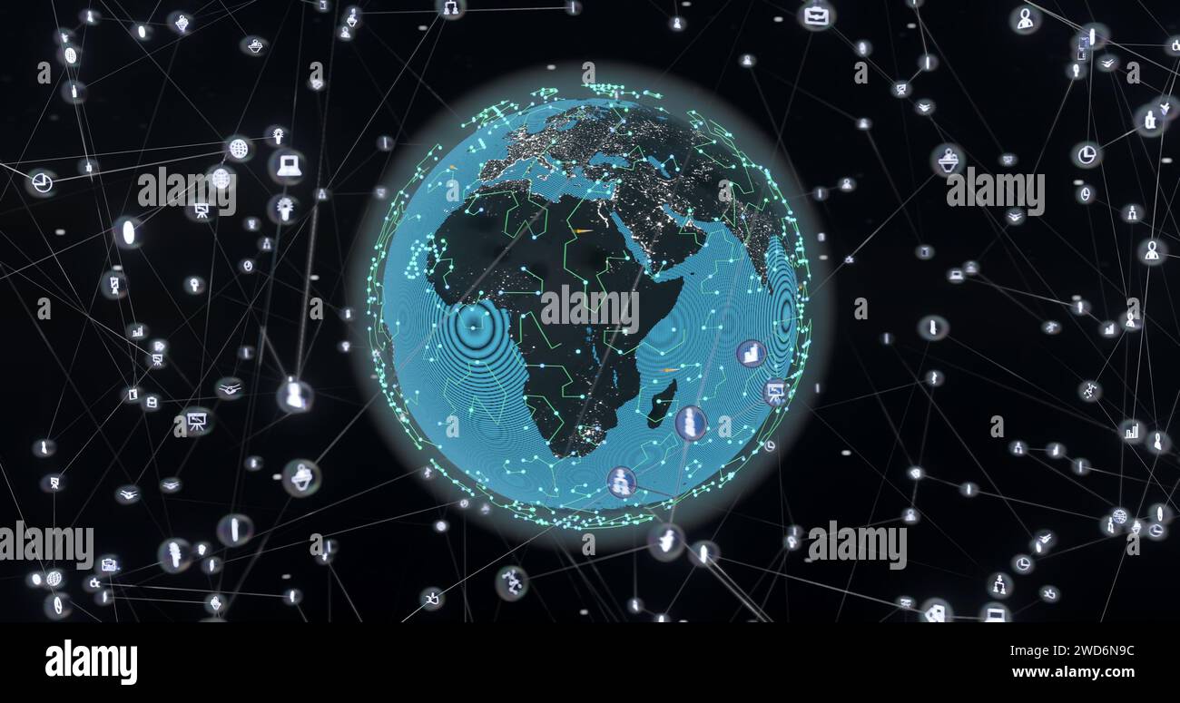 Image of glowing blue mesh of connections with icons over globe on ...