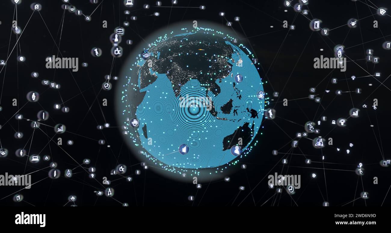 Image of glowing blue mesh of connections with icons over globe on ...