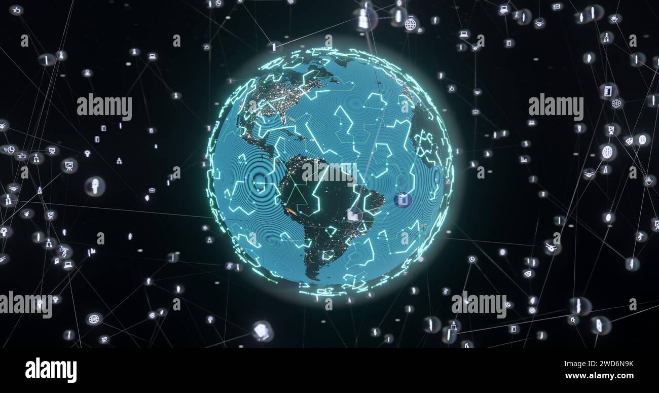 Image of glowing blue mesh of connections with icons over globe on ...