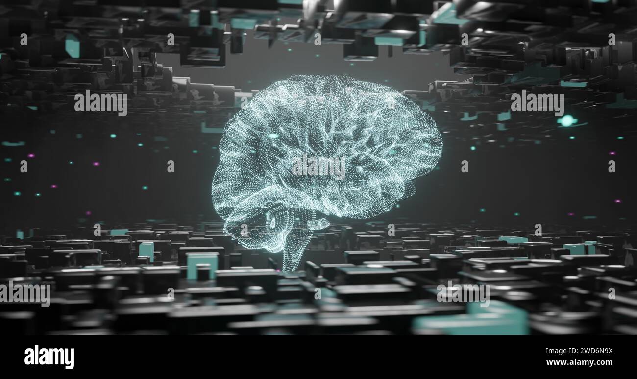 Image of glowing blue human brain and connections on black background ...