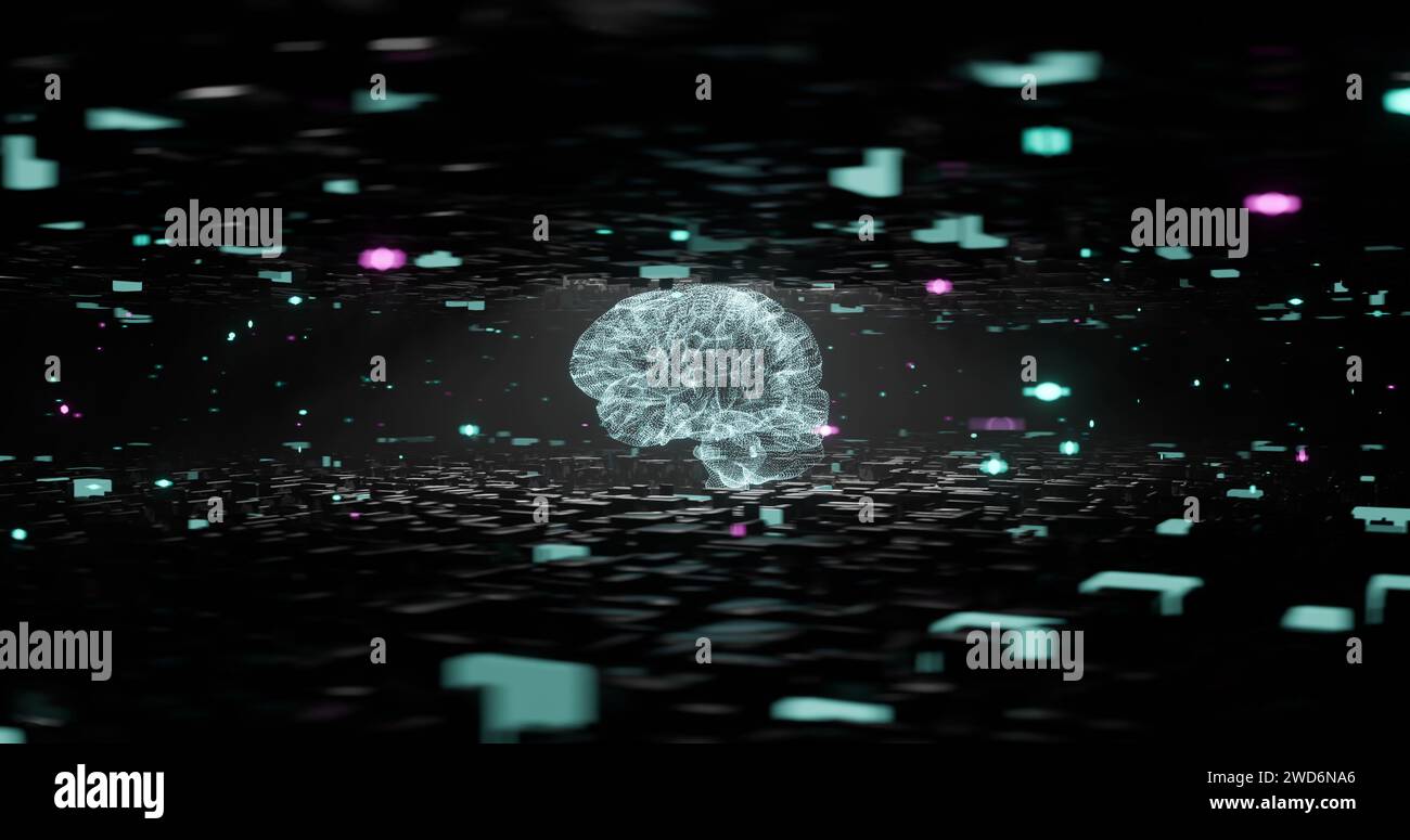 Image of glowing blue human brain and connections on black background ...