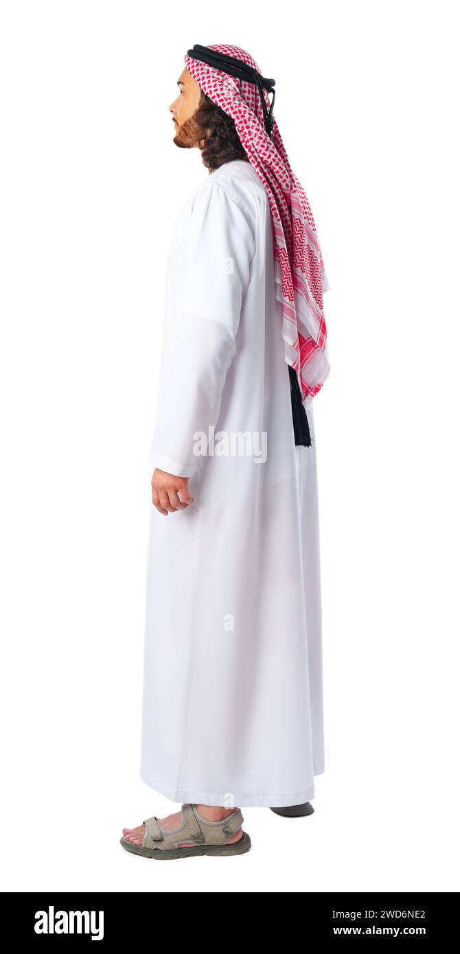 Side view of an Arab man standing on white isolated background Stock ...
