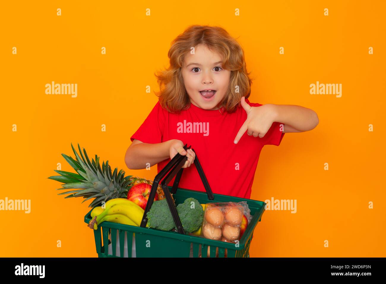 Shopping kids. Child buying grocery in supermarket. Grocery store ...
