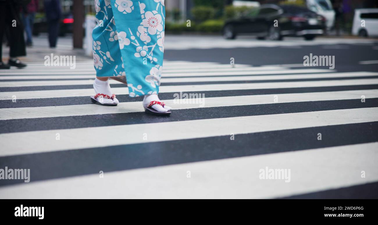 Japanese woman, feet and travel in kimono in city, journey and wellness ...