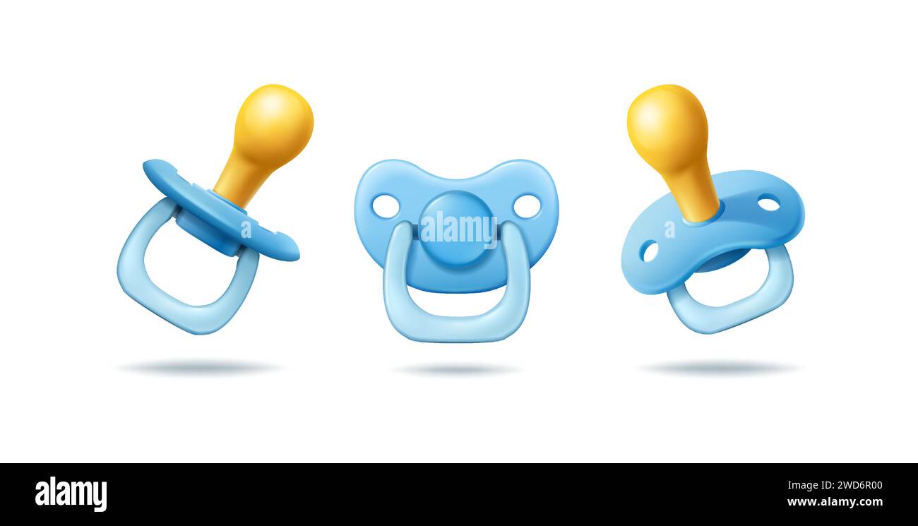 realistic vector icon illustration set. Blue baby boy pacifier in front ...